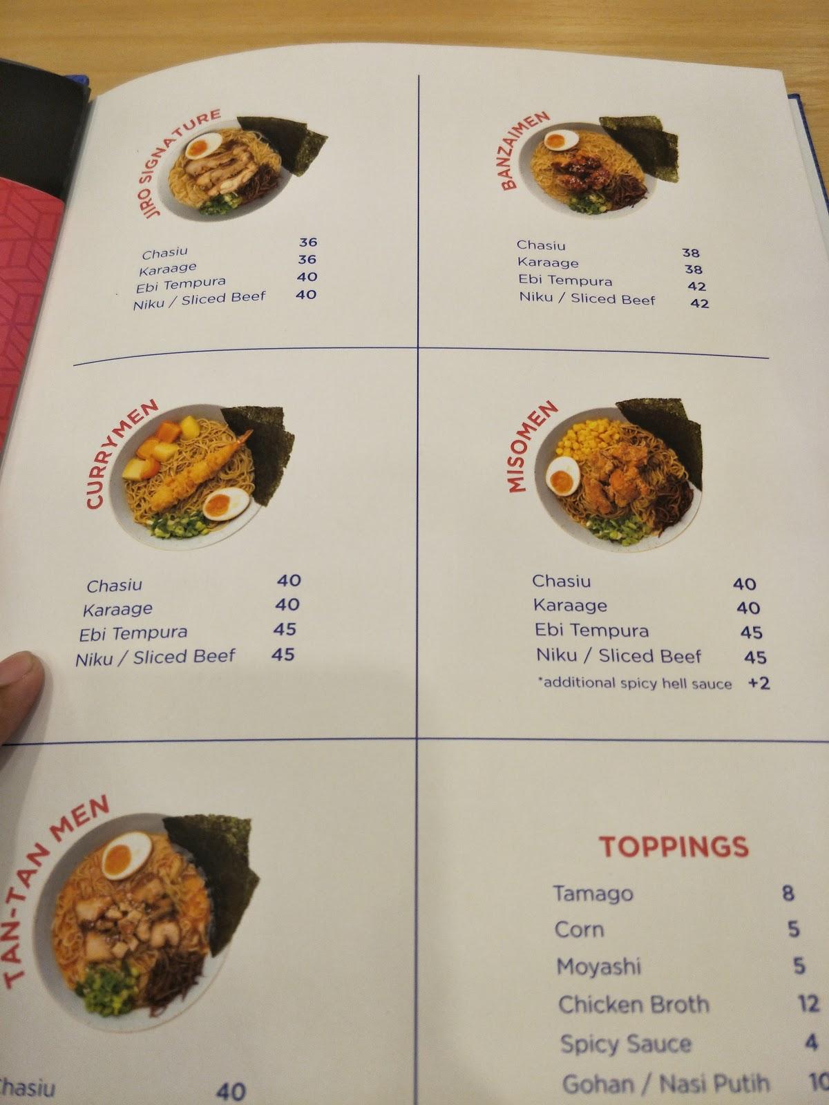 Menu at Jiro Ramen restaurant, Palembang, Jl. R. Sukamto No.8A