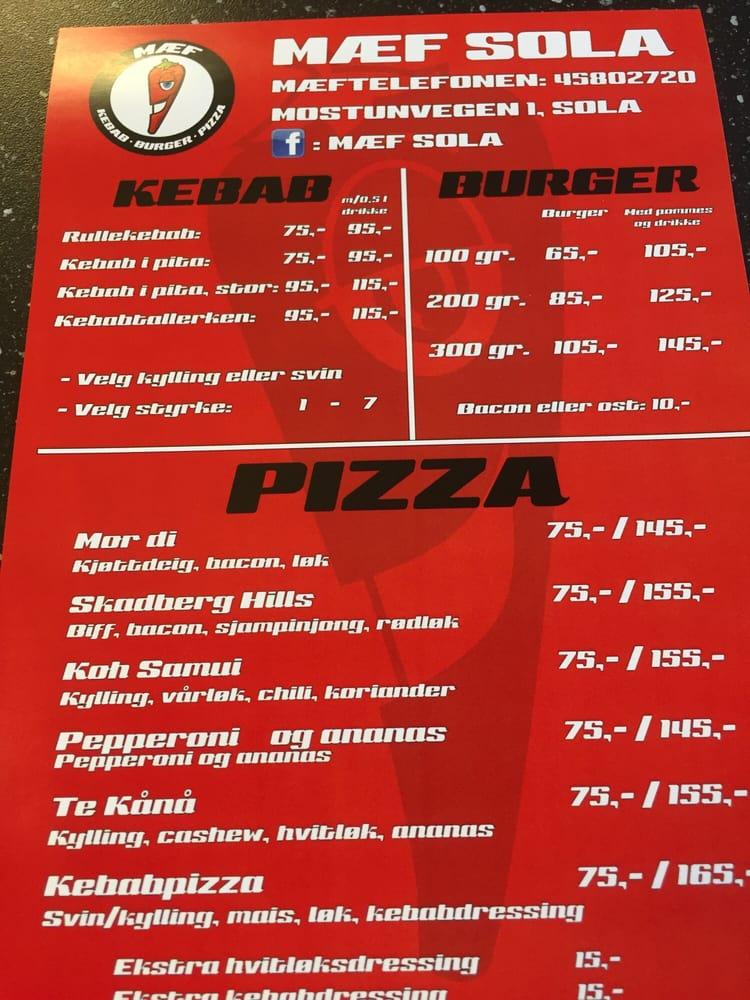 Menu at Mæf Sola pizzeria, Sola