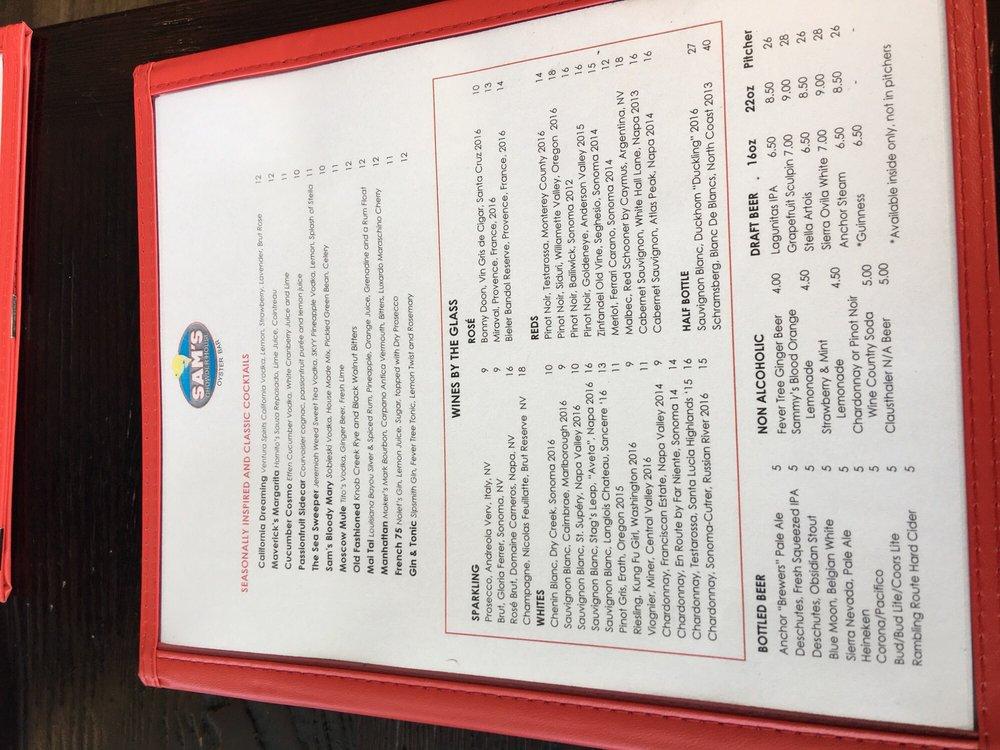Menu at Sam's Chowder House restaurant, Half Moon Bay