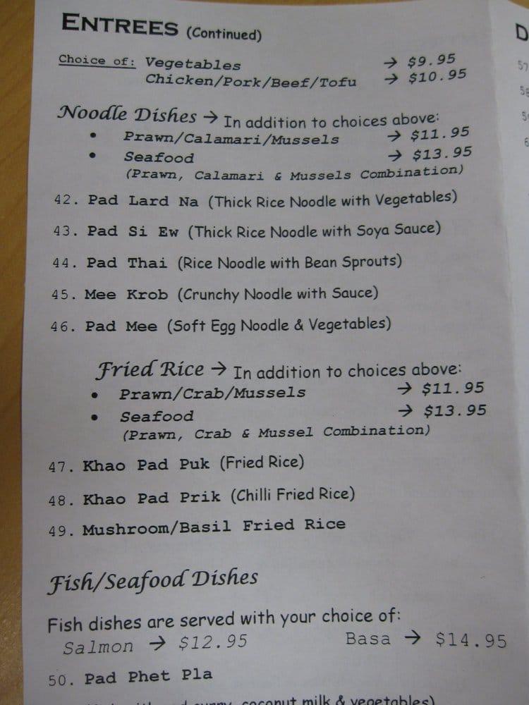 Menu at Thida's Thai Restaurant, Winnipeg