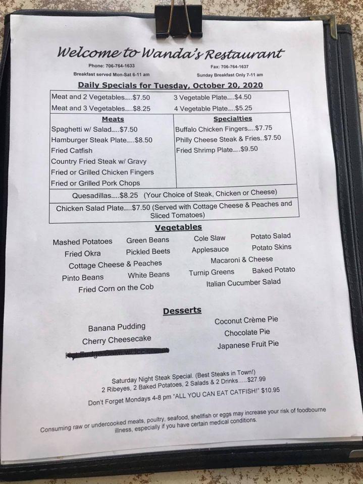 Menu at Wanda's Restaurant, Rock Spring