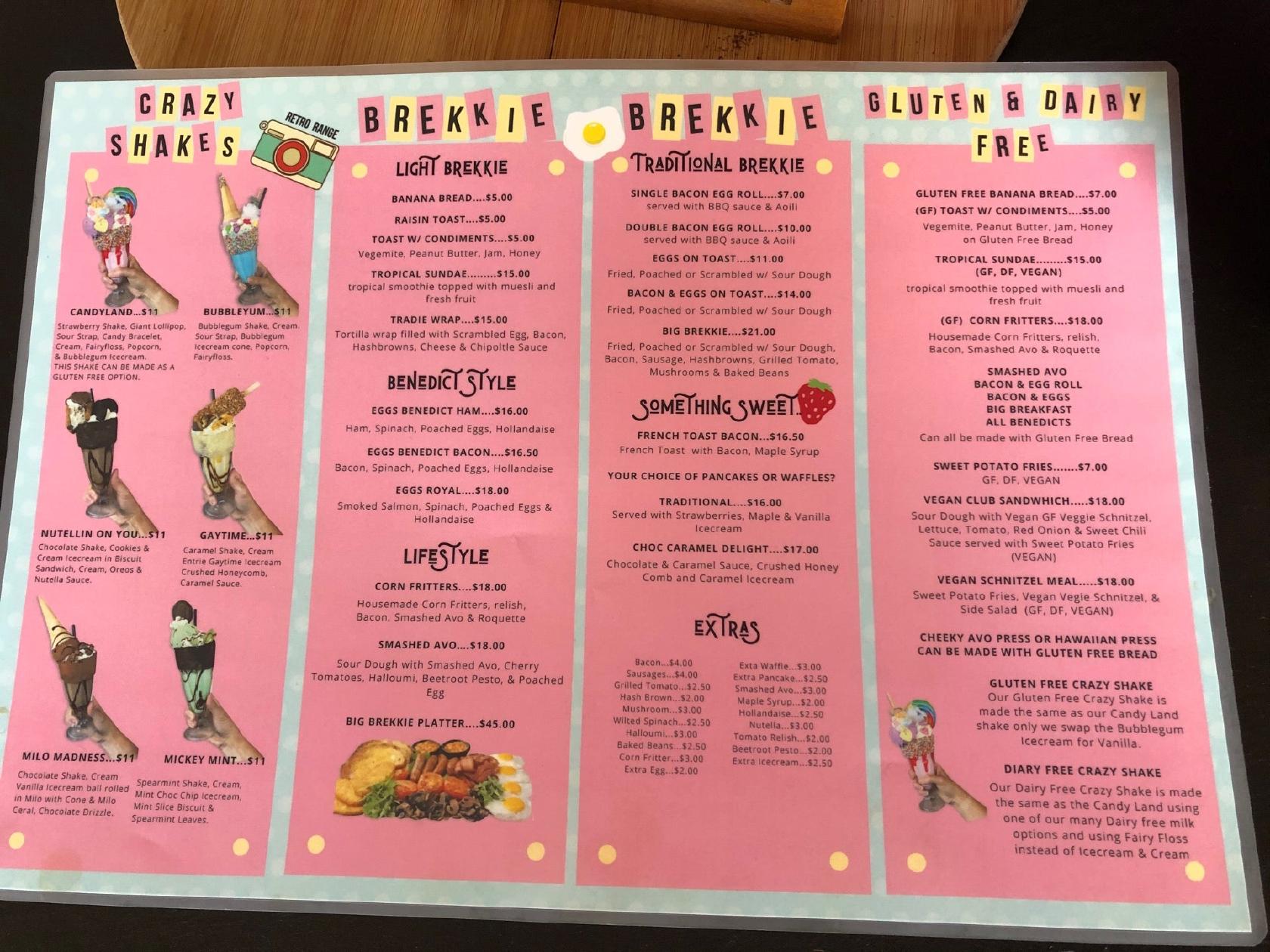 Menu at Warnies Cafe, Warnervale