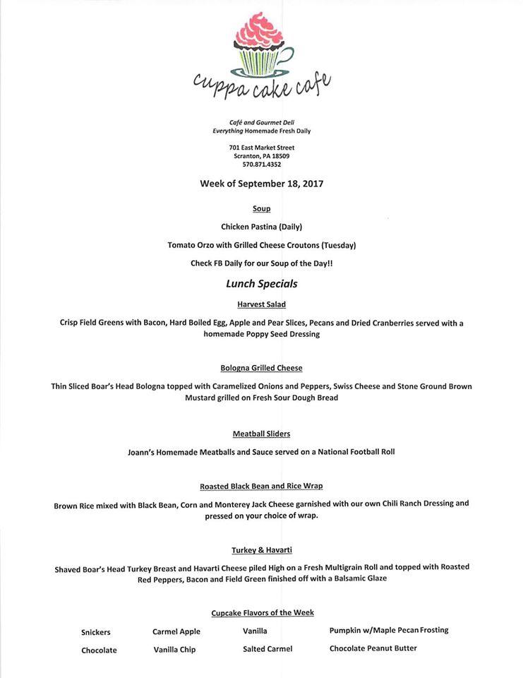 Menu at Cuppa Cake Cafe, Scranton
