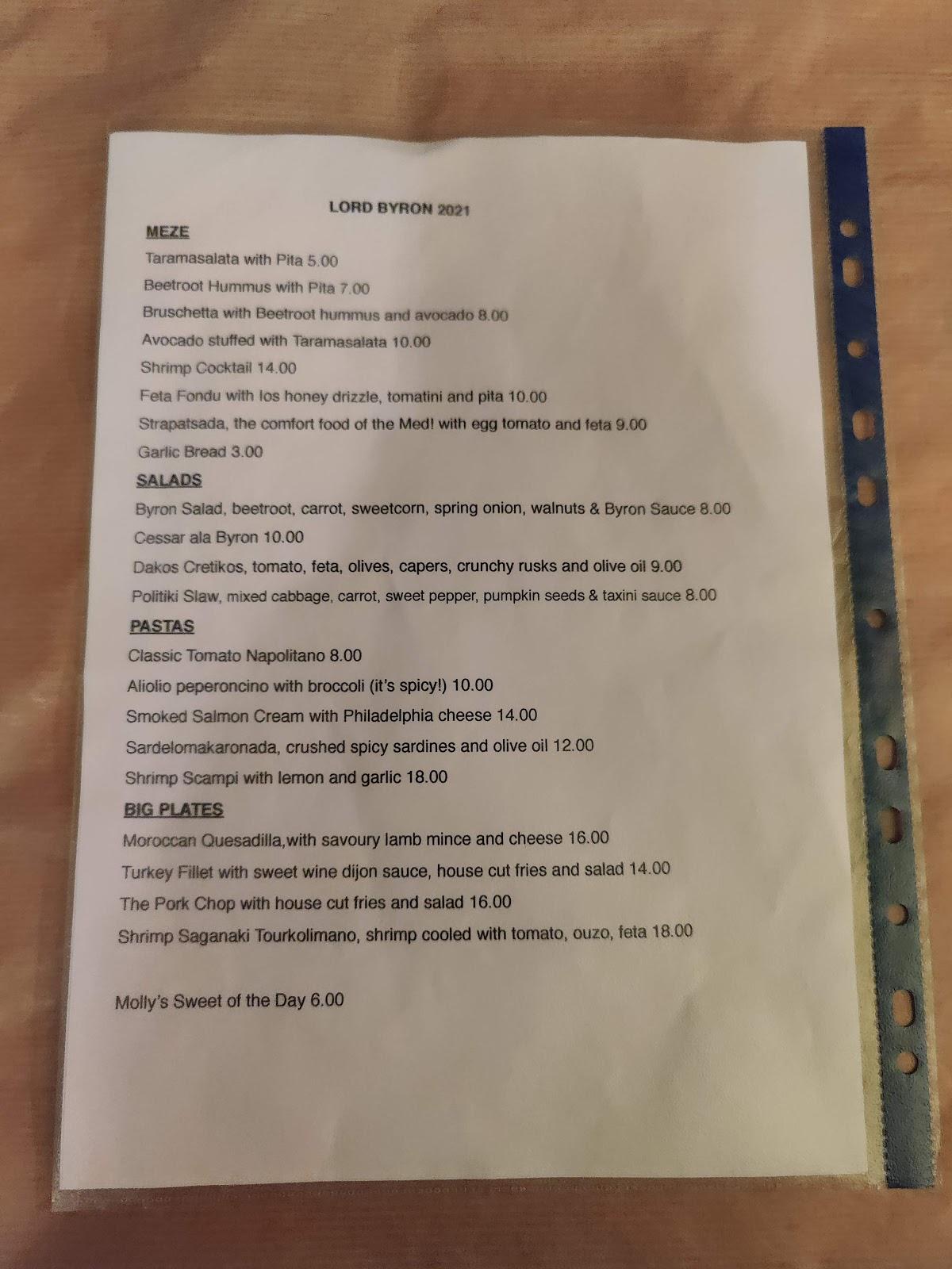 Menu at Lord Byron, Ios