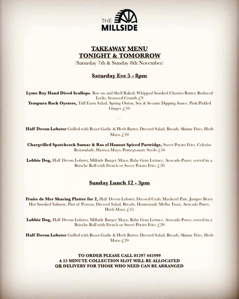 Menu at Millside restaurant, Lyme Regis