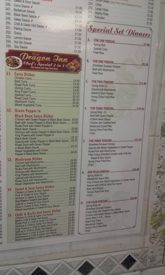 Menu at New Dragon Inn restaurant, Chesterfield