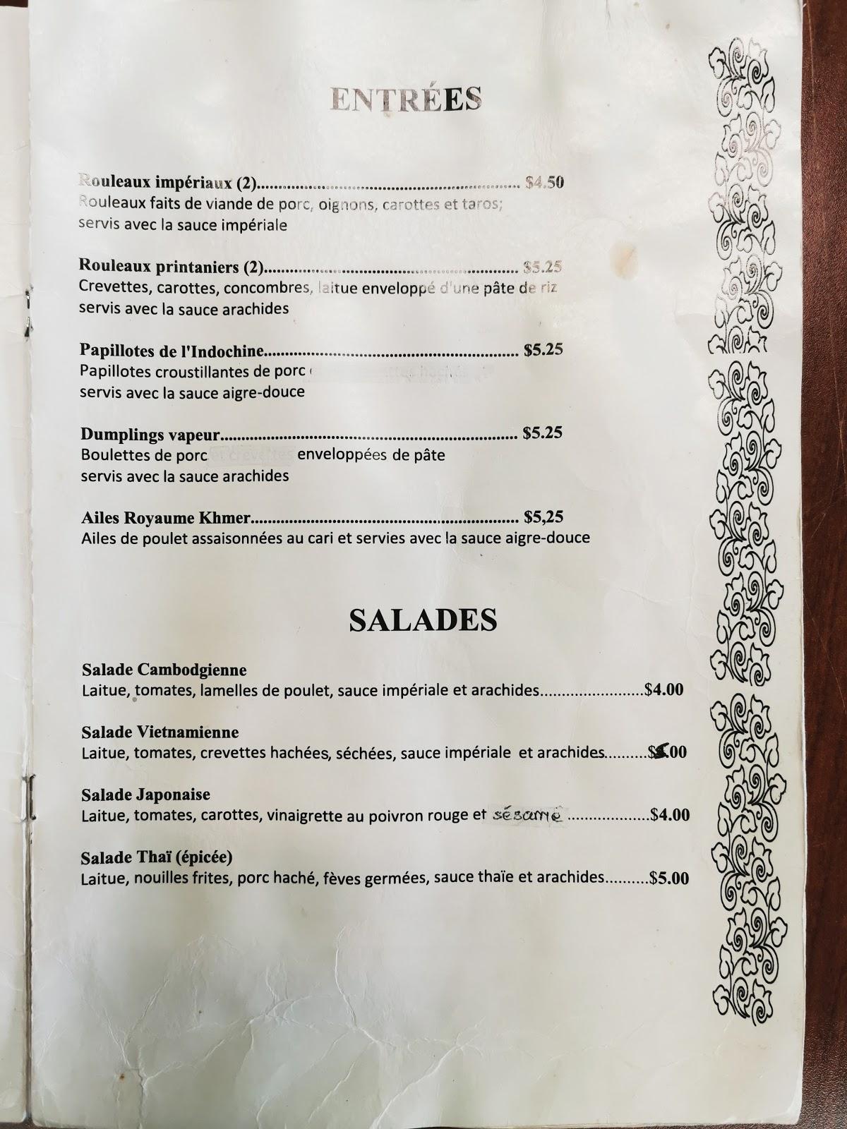Menu au Restaurant Royaume Khmer, Mont-Saint-Hilaire