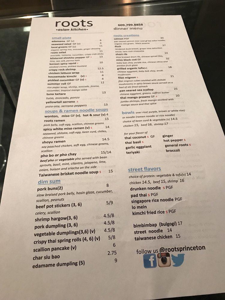 Menu at roots restaurant, Princeton