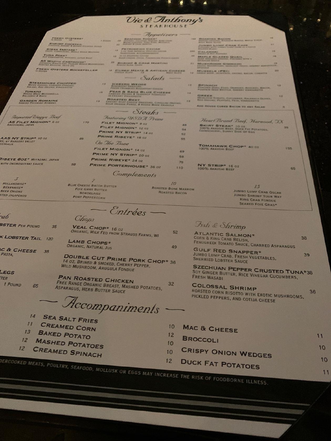 Menu at Vic & Anthony's Steakhouse, Houston