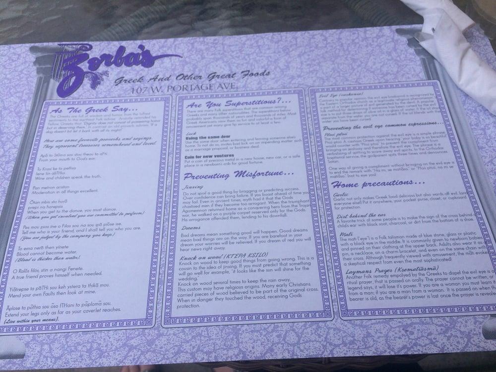 Menu at Zorba’s Greek American Restaurant, Sault Ste. Marie