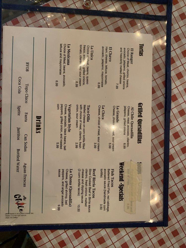 Menu at AL Chile restaurant, Tomball