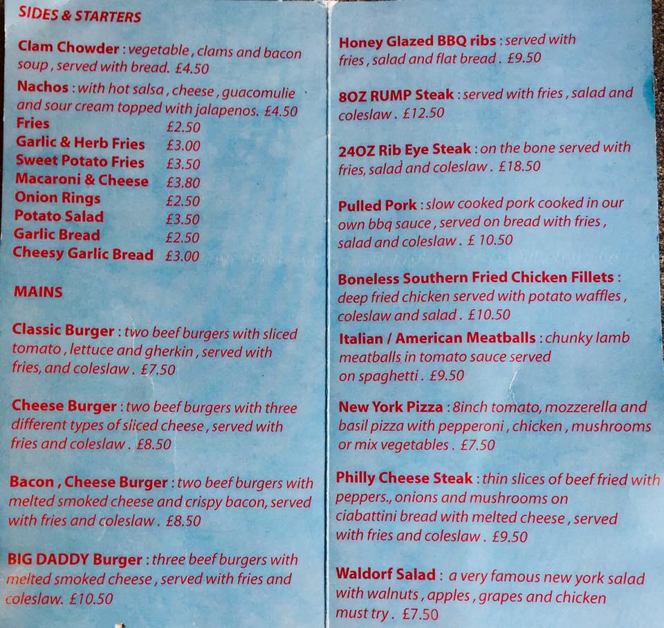 Menu at Continentals fast food, Burnley