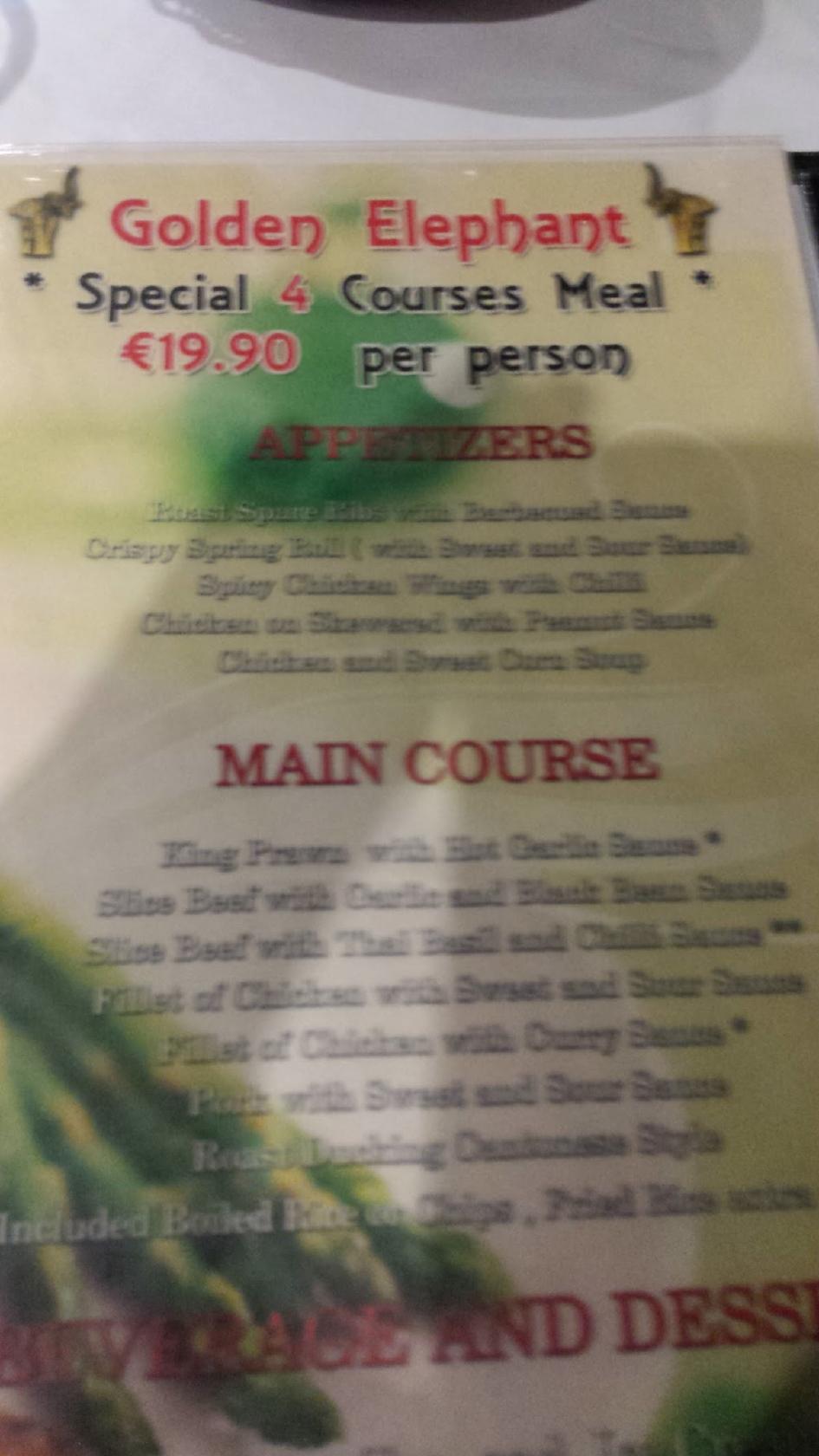 Menu at Golden Elephant Asian Restaurant, Dublin, Sutton Cross Shopping ...