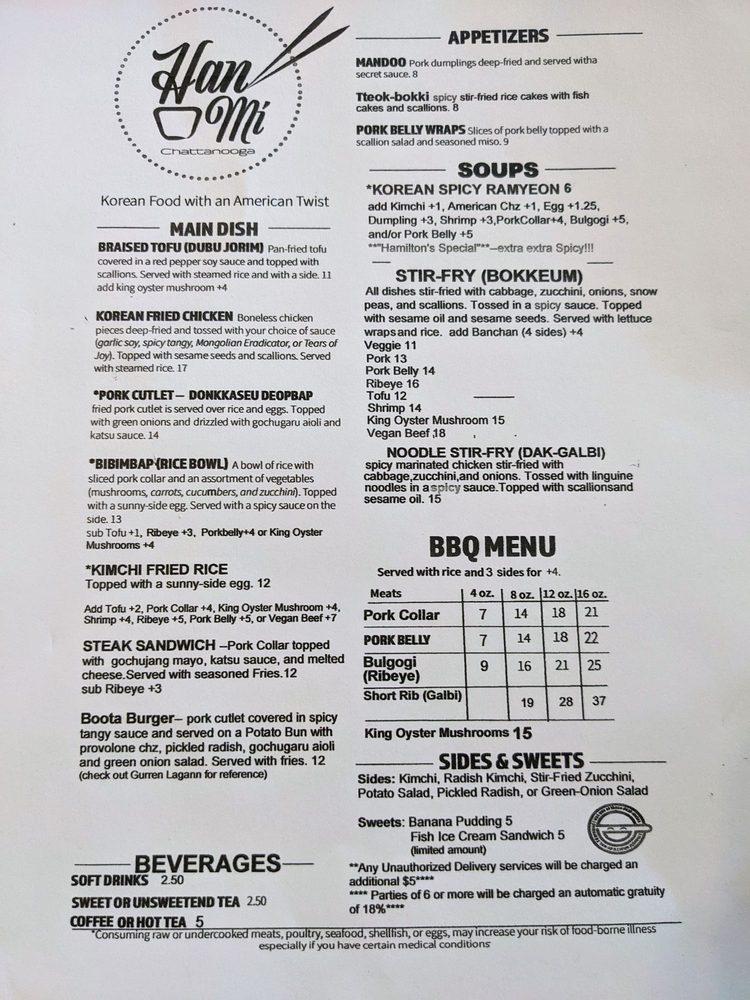Menu at Han-Mi restaurant, Chattanooga