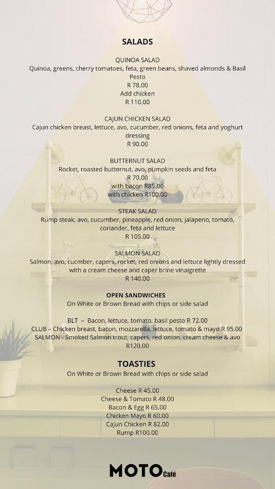 Menu at Moto Cafe, Umhlanga