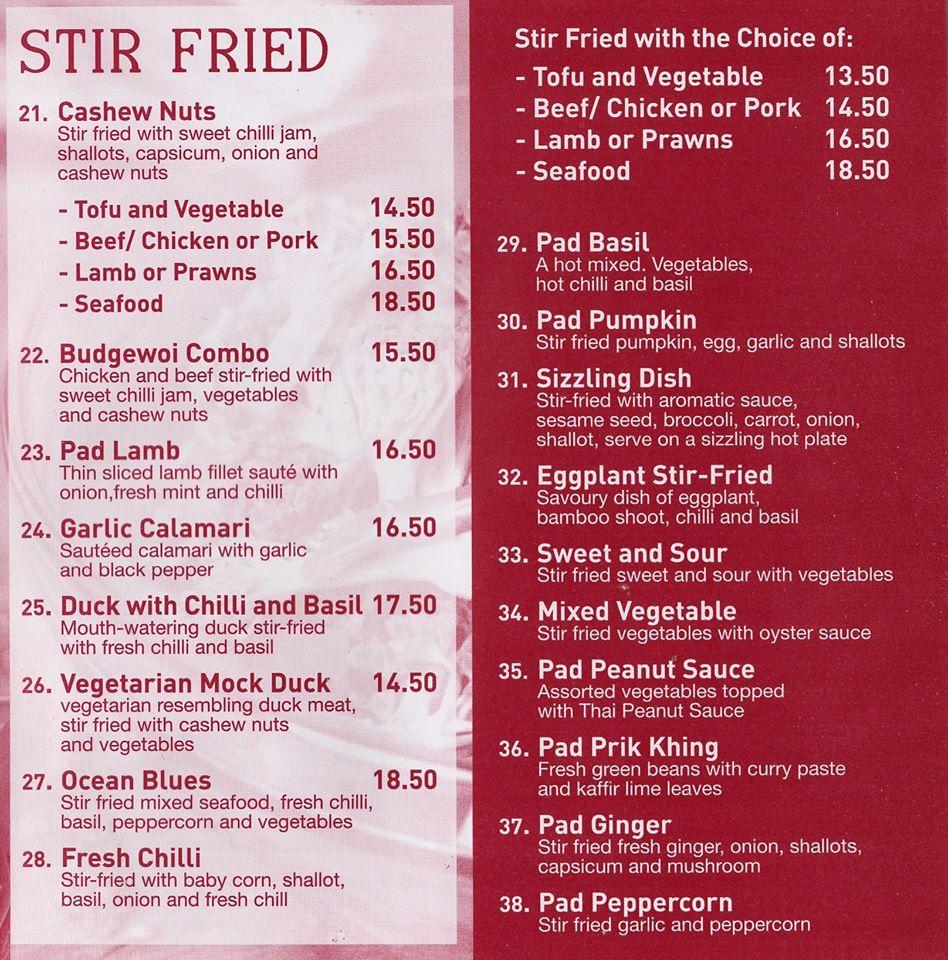 Menu at Ocean Thai restaurant, Budgewoi