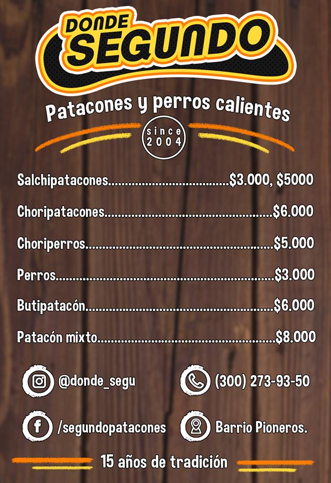 Menu at Patacones 'Donde Segundo' restaurant, Colombia