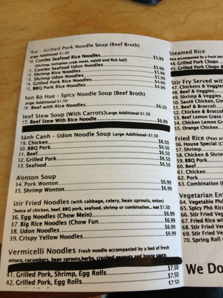 Menu at Pho'Dera restaurant, Madera