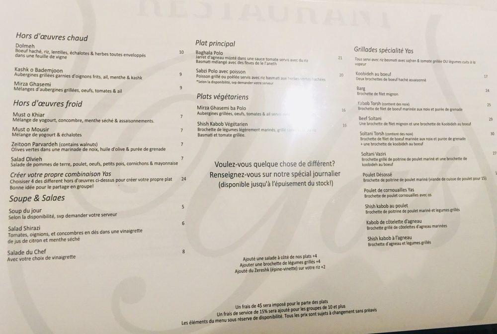Menu at Restaurant Yas, Montréal