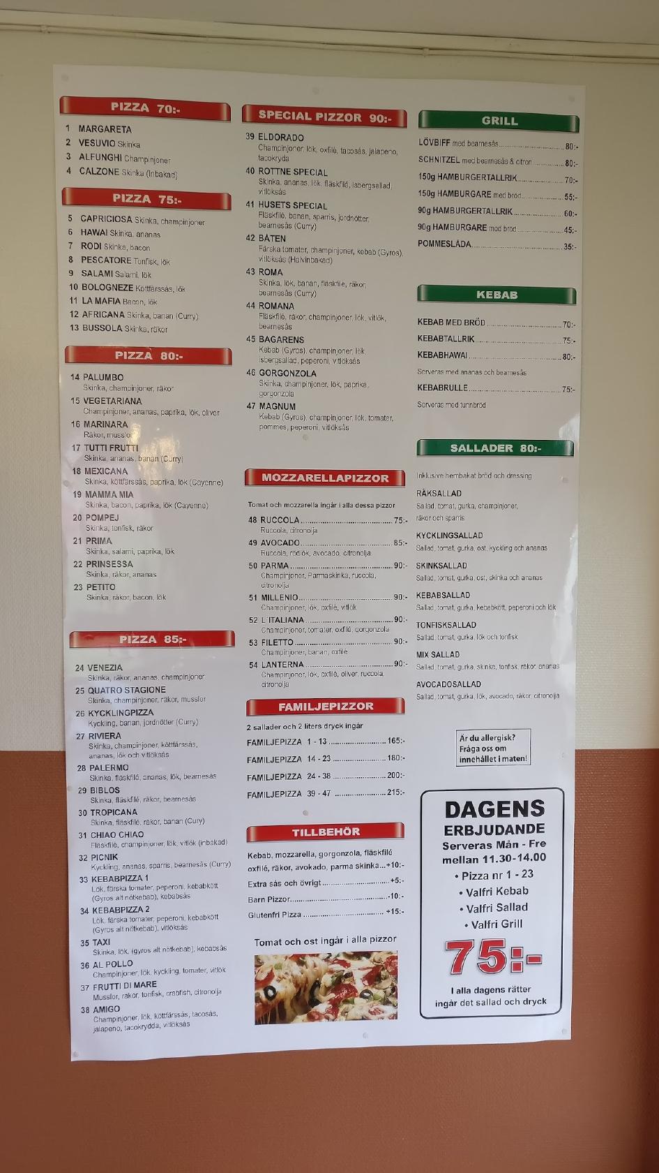 Menu at Rottne Restaurang & pizzeria, Sweden