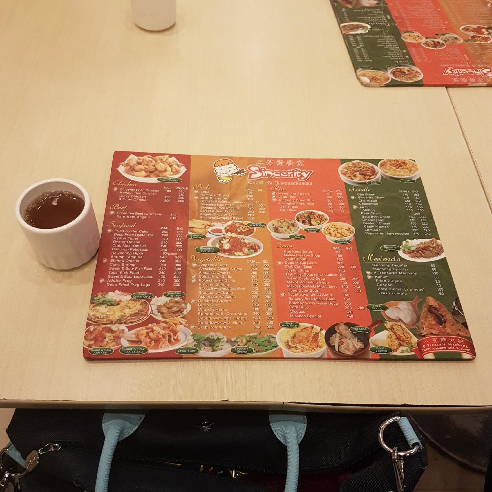 Menu at Sincerity Restaurant, Manila, 519 Quintin Paredes Rd