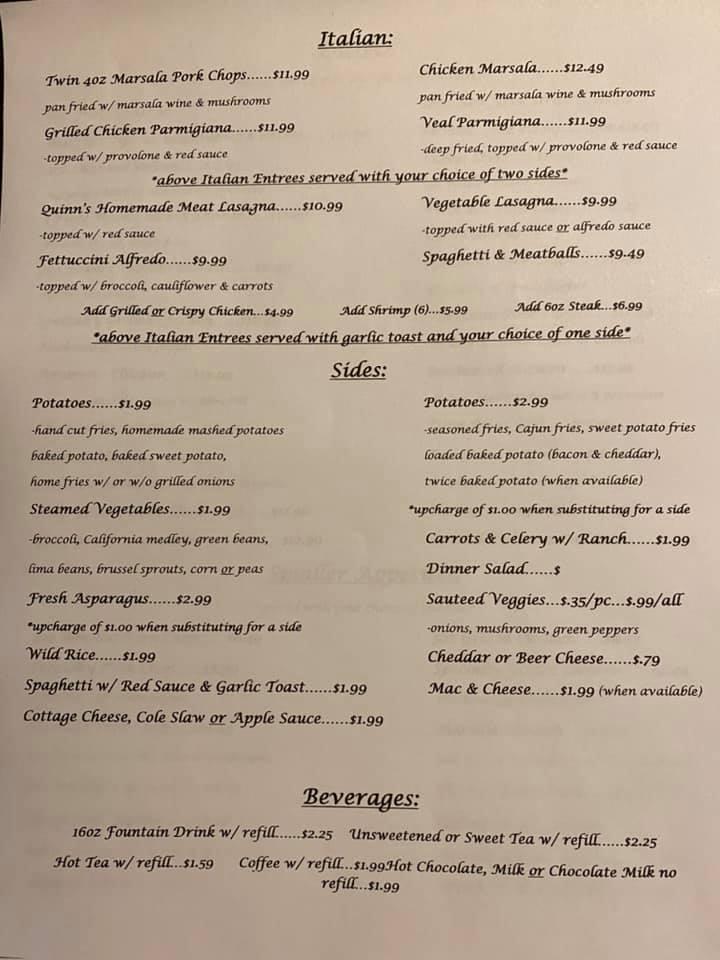 Menu at Yellow Creek Inn restaurant, Jackson Center