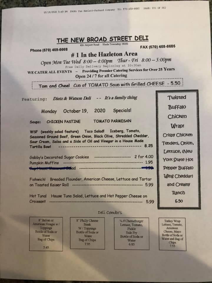 Menu at Broad Street Deli, Hazleton, 147 W Broad St