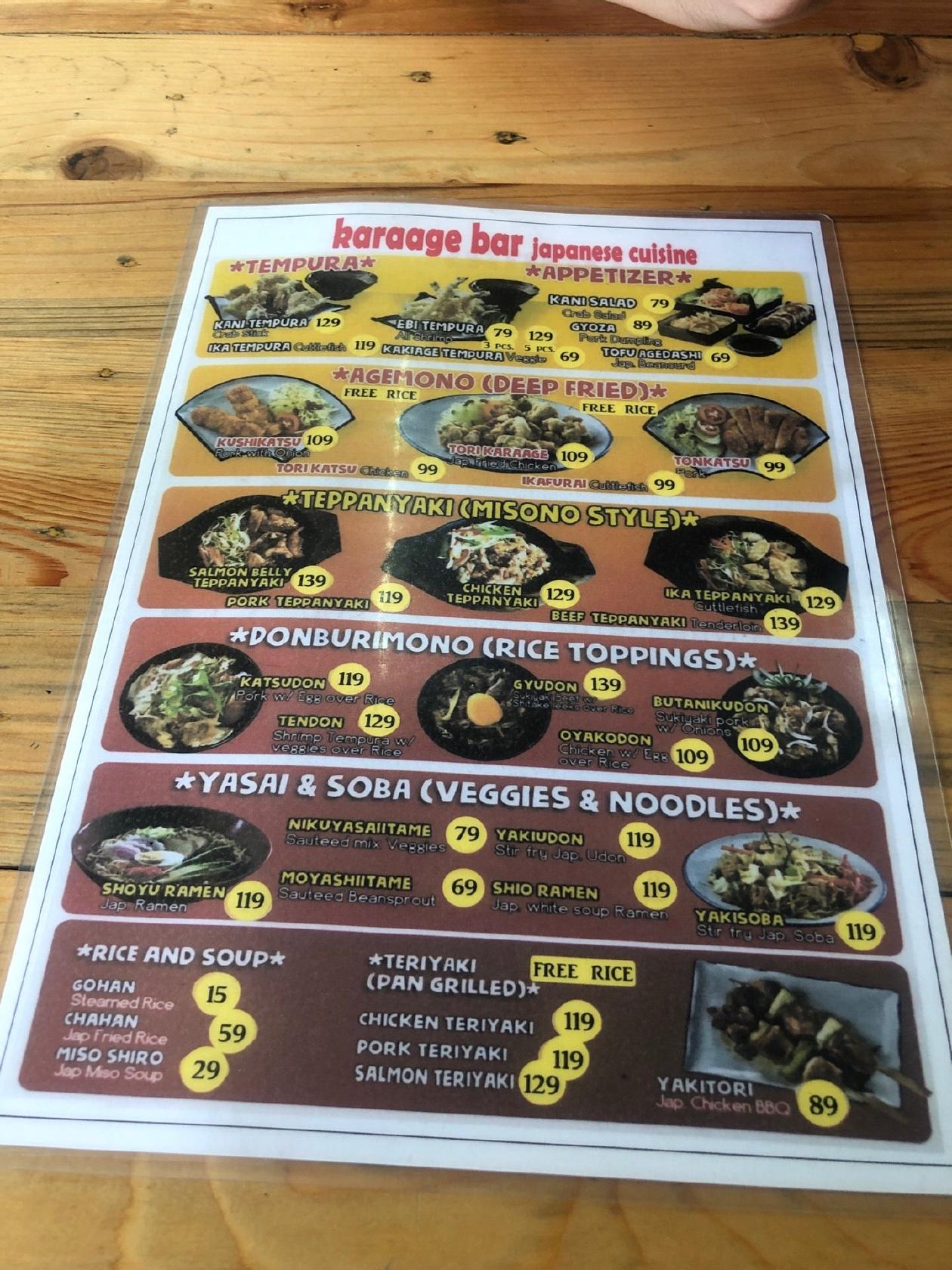 Menu at Karaage bar, Makati