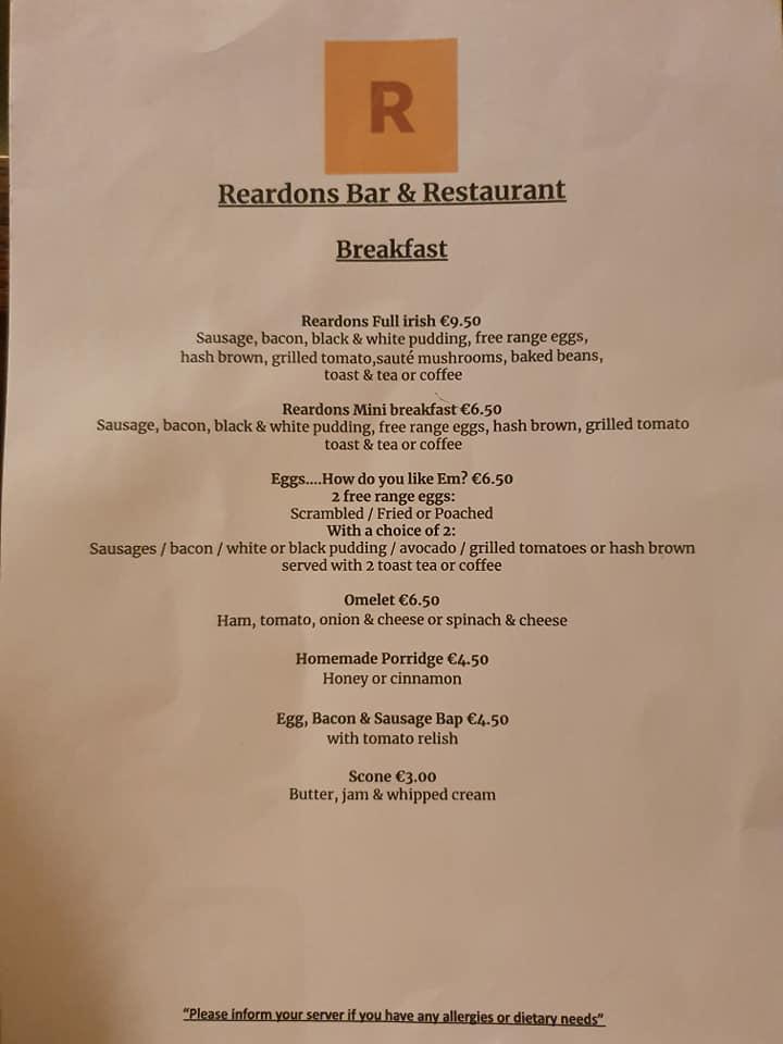Menu at Reardon’s Bar & Restaurant, Ireland, Holycross