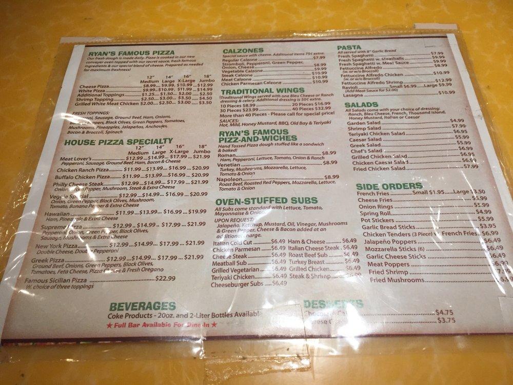 Menu at Ryan's Famous Pizza & Subs pizzeria, Beaufort