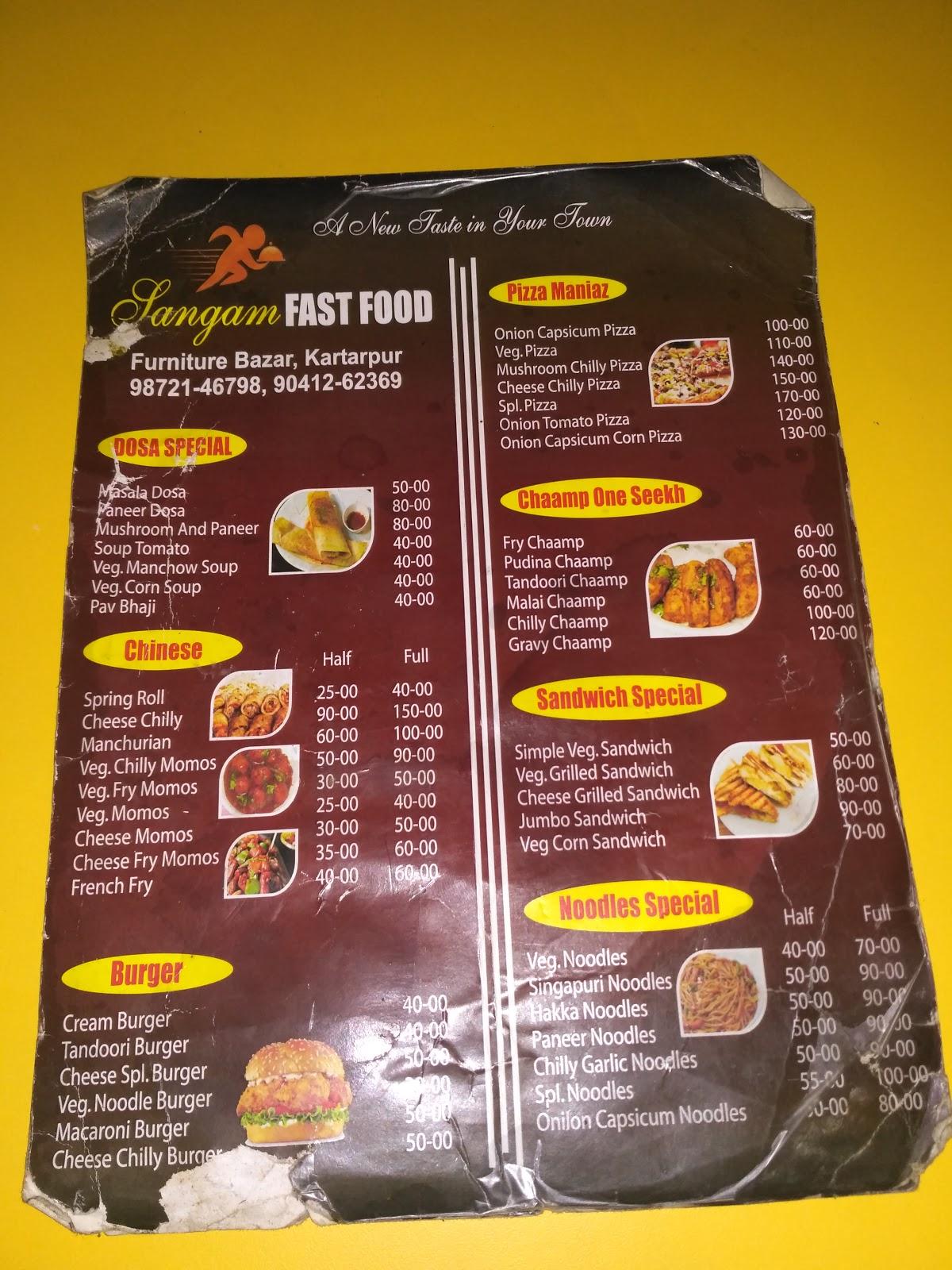 Menu at Sangam Food Point, Kartarpur