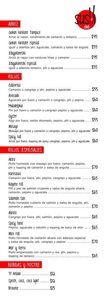 Menu at Sushi Club, Mazatlán, Calle Malibú