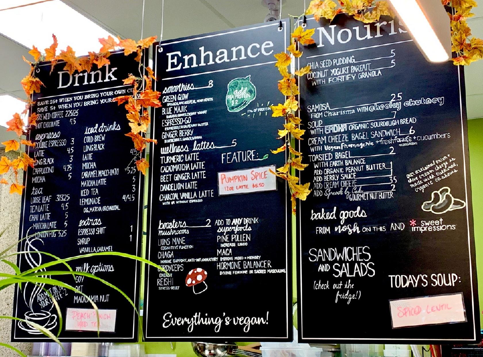 Menu at Acorn Café at Generation Green, Winnipeg