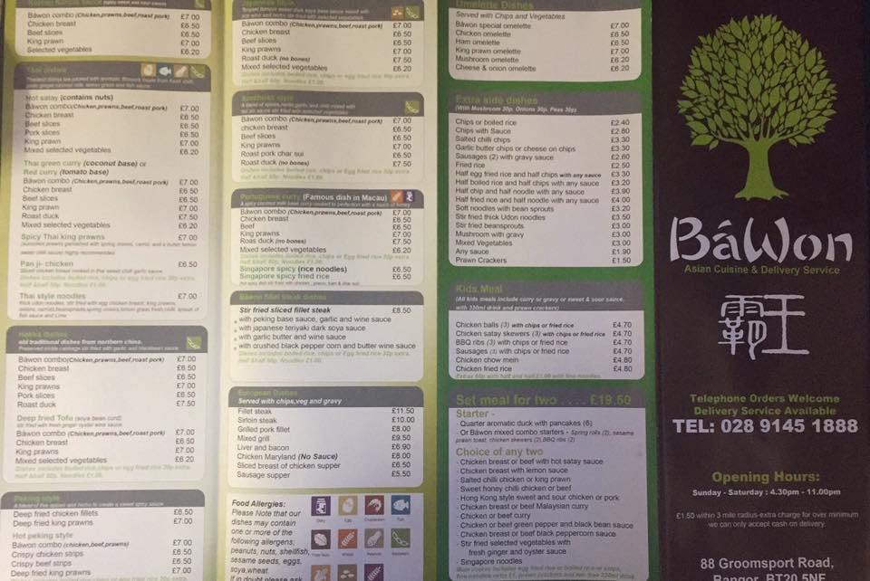 Menu at Bawon Chinese Takeaway fast food, Bangor