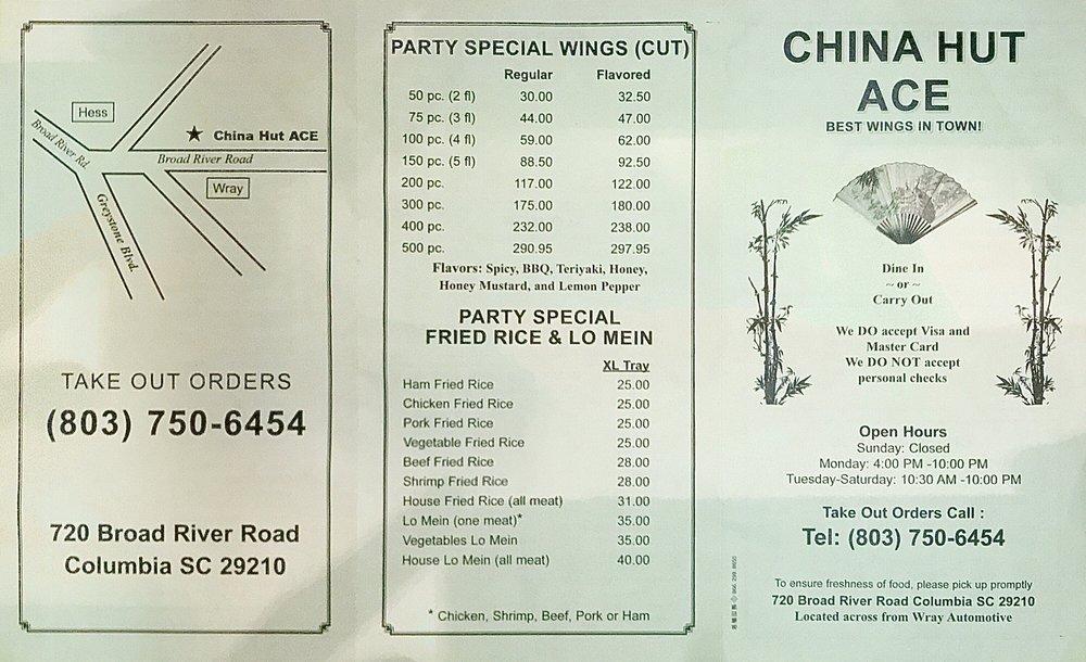 Menu at China Hut Ace restaurant, Columbia, 724 Broad River Rd