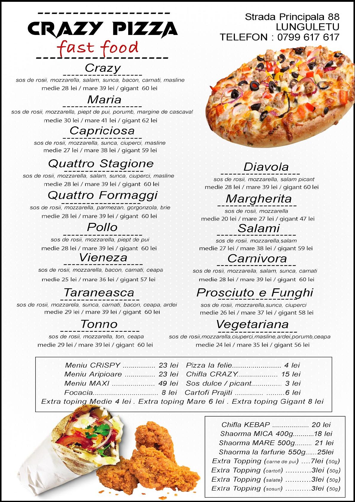 Speisekarte von Crazy Pizza Lunguletu, Lungulețu