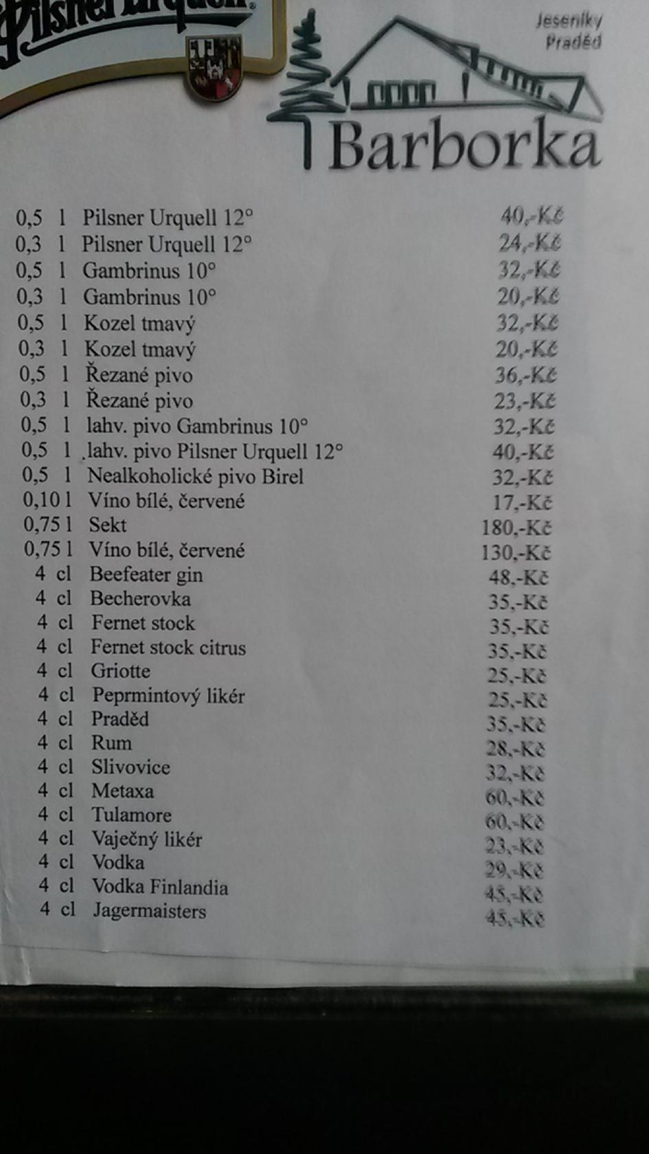 Menu at Horská chata Barborka, Malá Morávka, Malá Morávka 269
