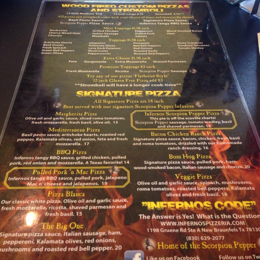 Menu at Inferno's Wood Fired Oven & Spirits pizzeria, New Braunfels