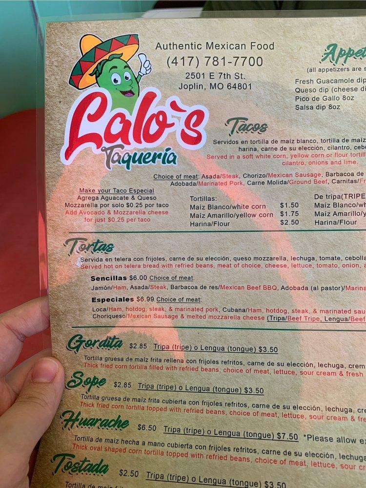 Menu at Lalo's Taqueria restaurant, Joplin
