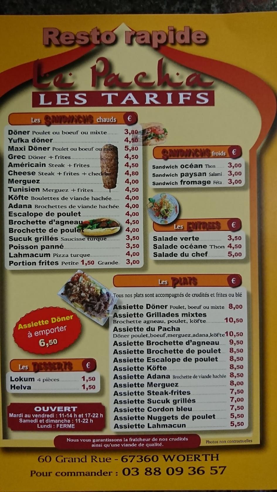 Menu au Le Pacha Kebab fast food, Wœrth