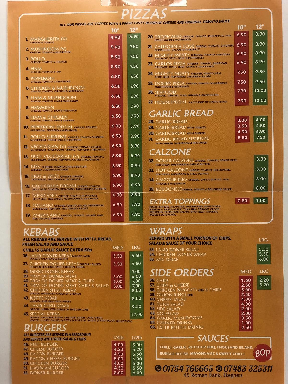 Menu at ROMA PIZZA pizzeria, Skegness