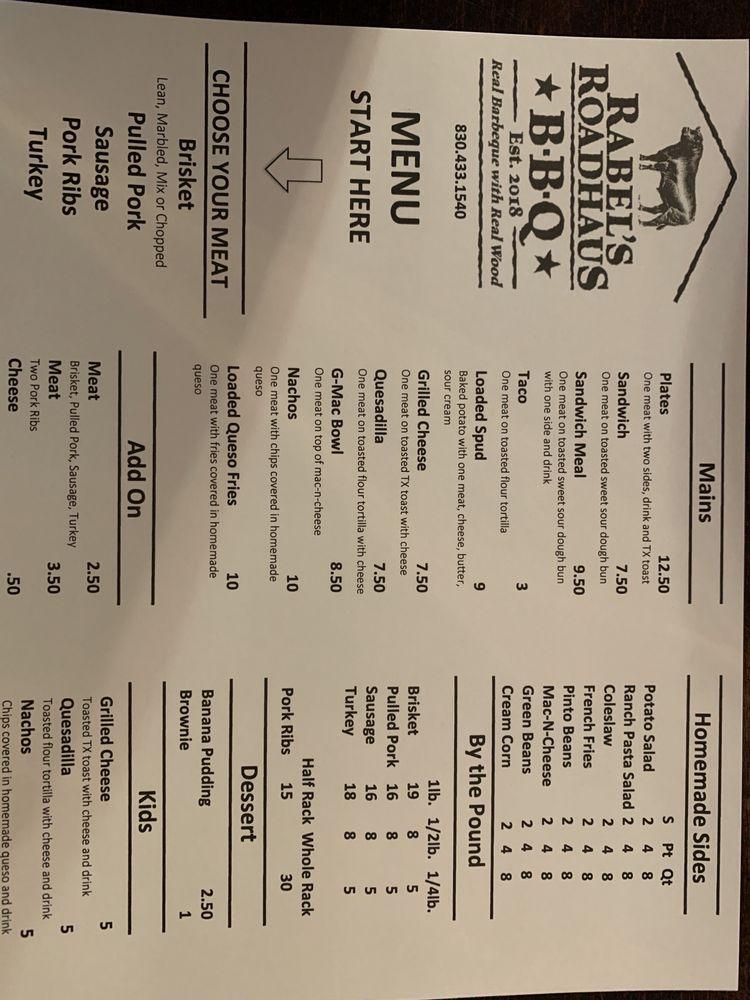 Menu at Rabel’s Roadhaus BBQ, New Berlin