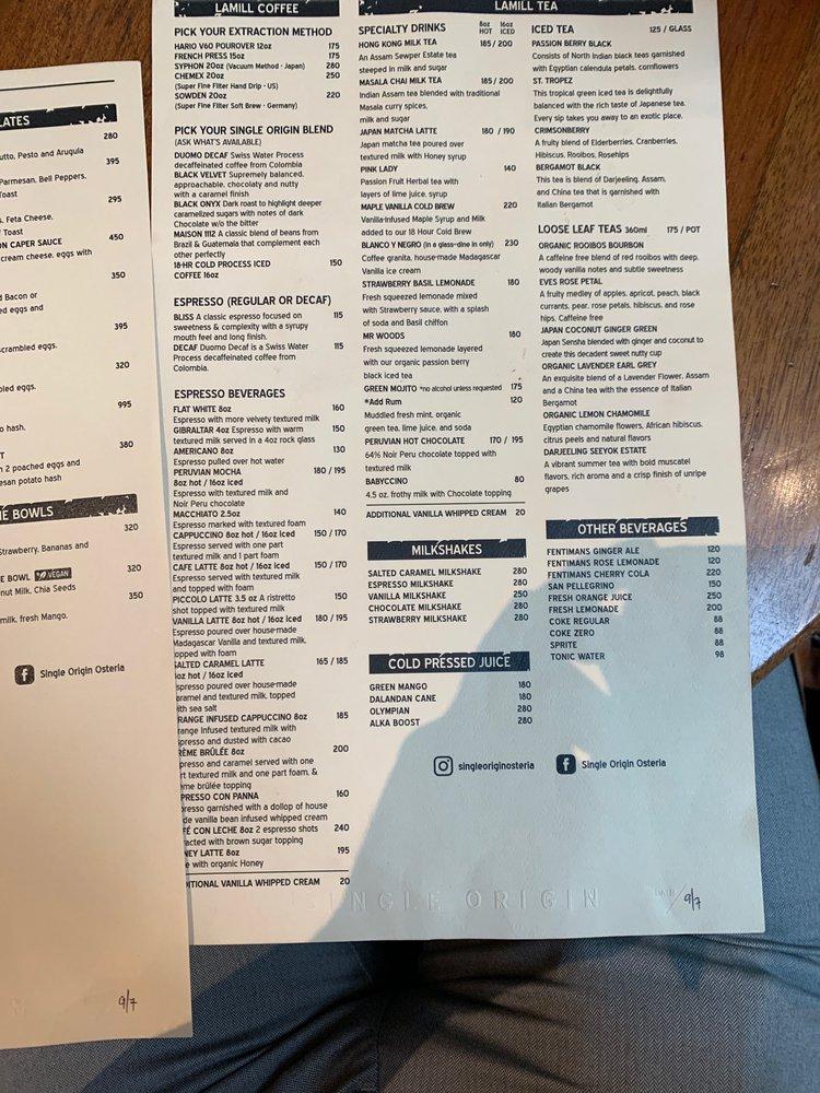 Menu at Single Origin - Salcedo cafe, Makati, Salcedo Village