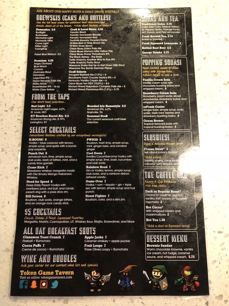 Menu at Token Game Tavern pub & bar, Knoxville
