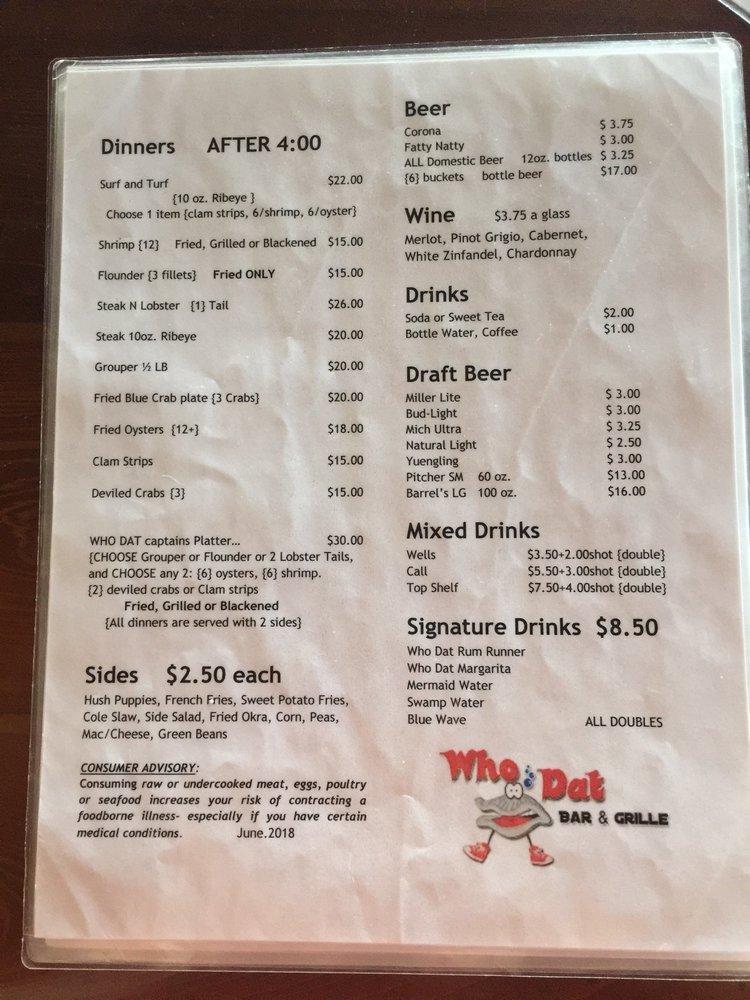 Menu at Who Dat Bar & Grill, Steinhatchee