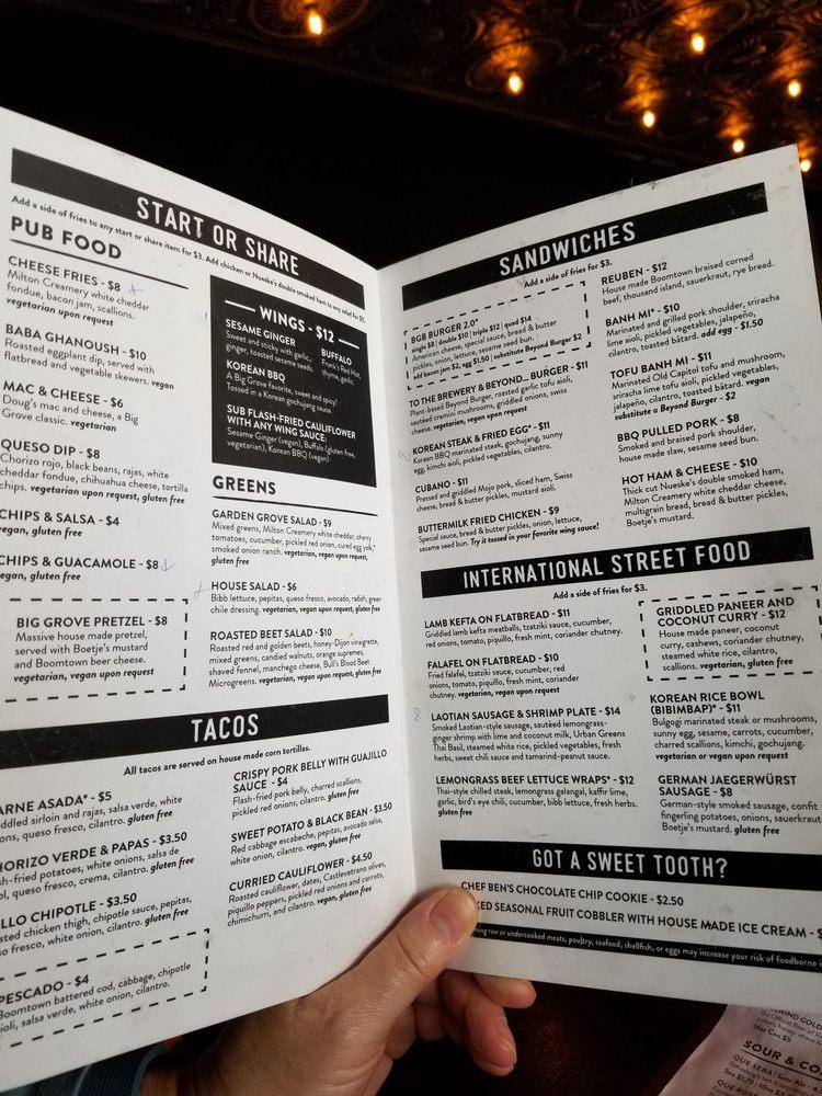 Menu at Big Grove Brewery & Taproom restaurant, Iowa City