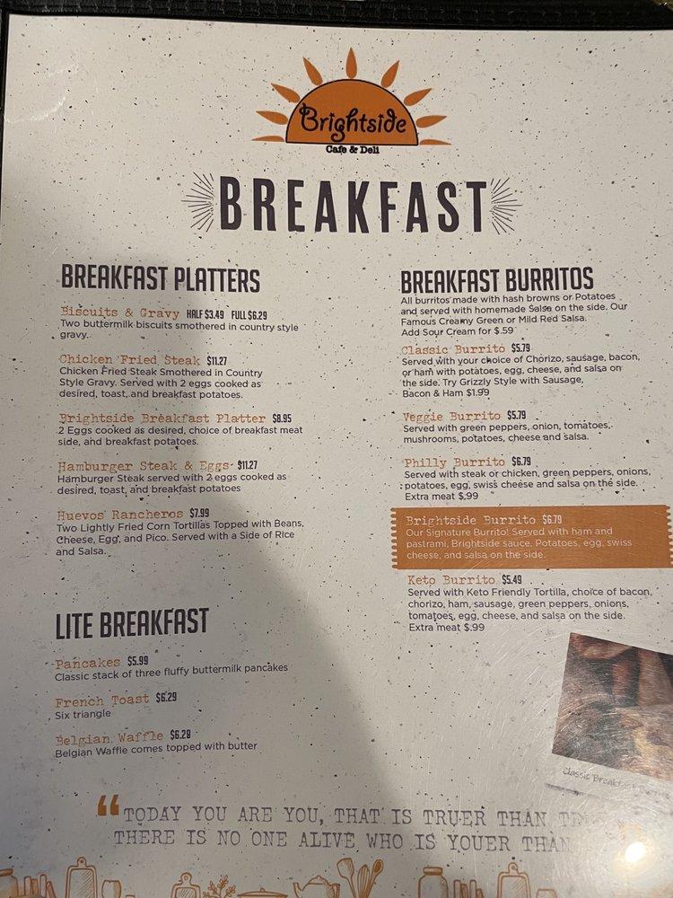 Menu at Brightside Cafe, Sioux City
