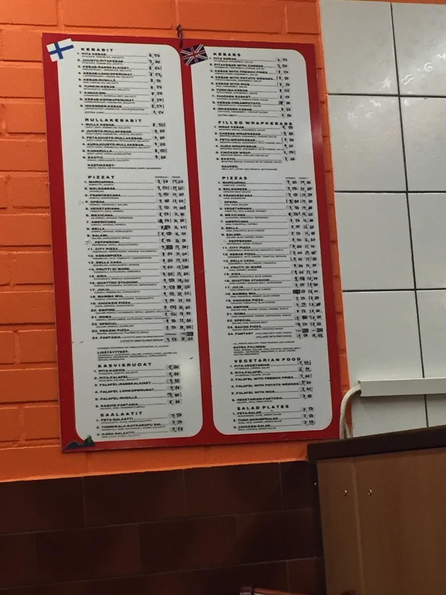 Menu at City Kebab restaurant, Turku