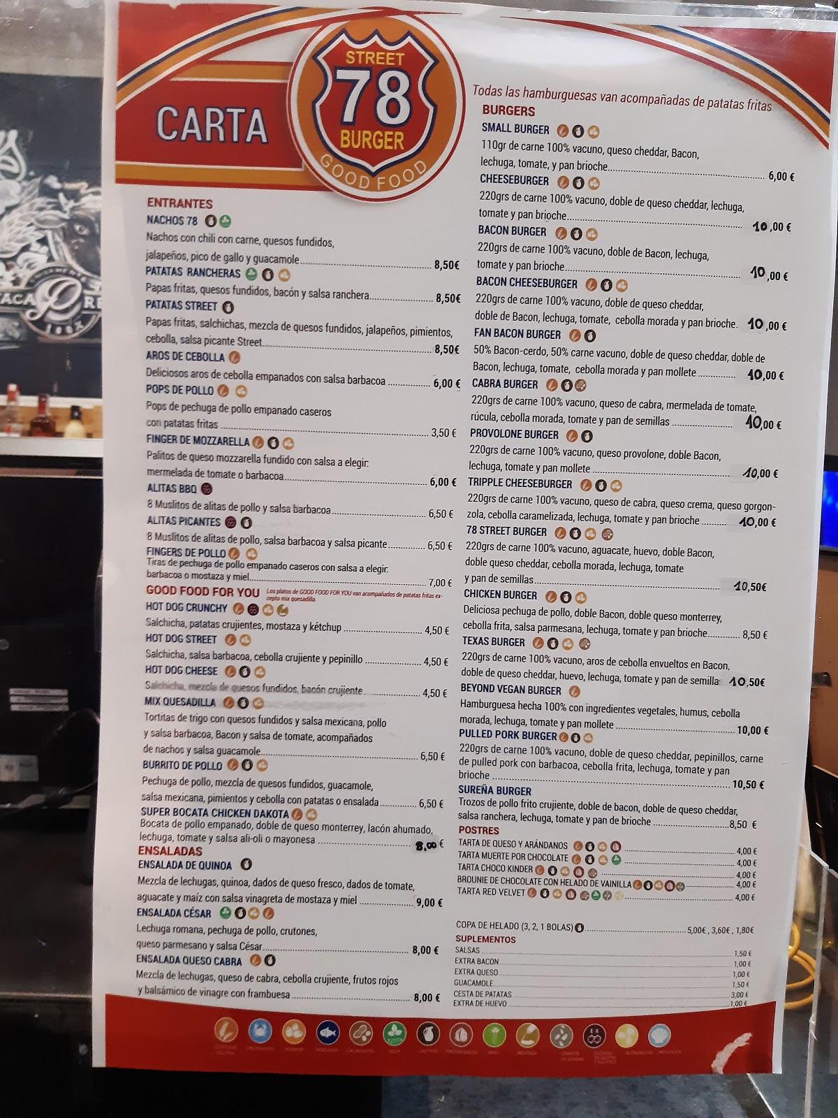 Carta del restaurante 78 STREET BURGER, Cáceres
