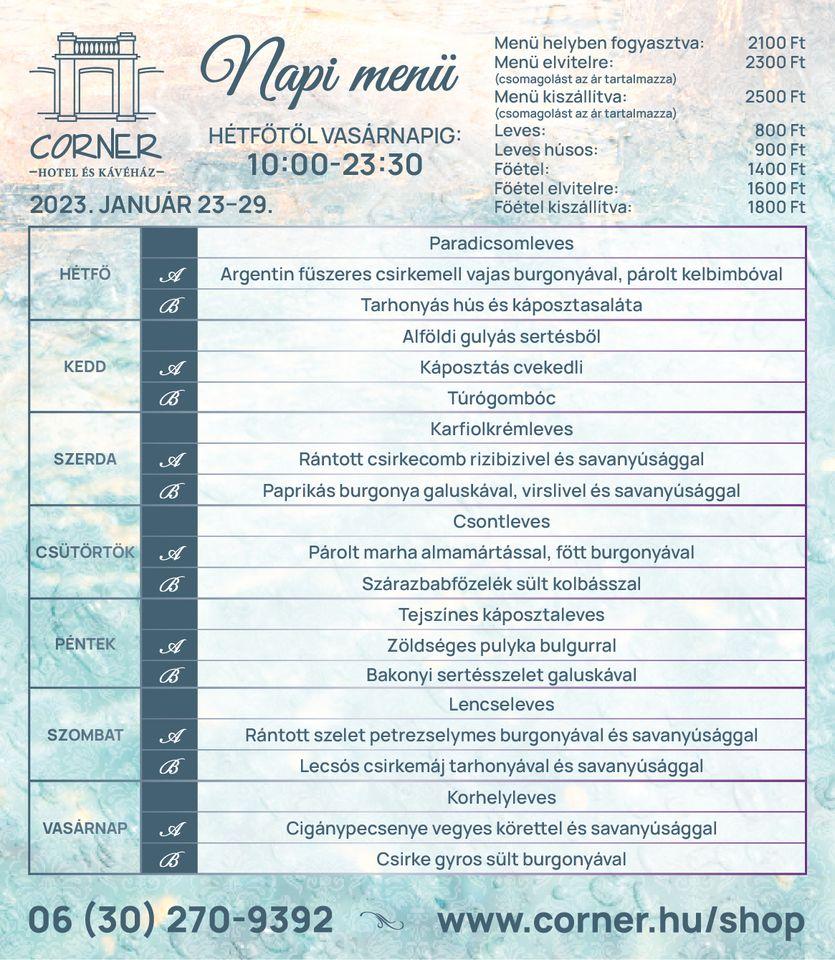 Menu at Corner Hotel and Cafe, Dunaújváros